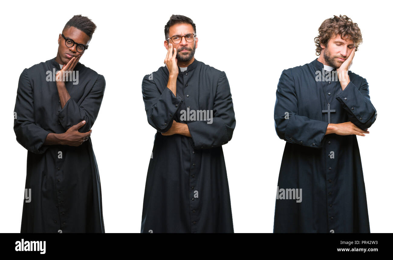 Collage of christian priest men over isolated background thinking ...