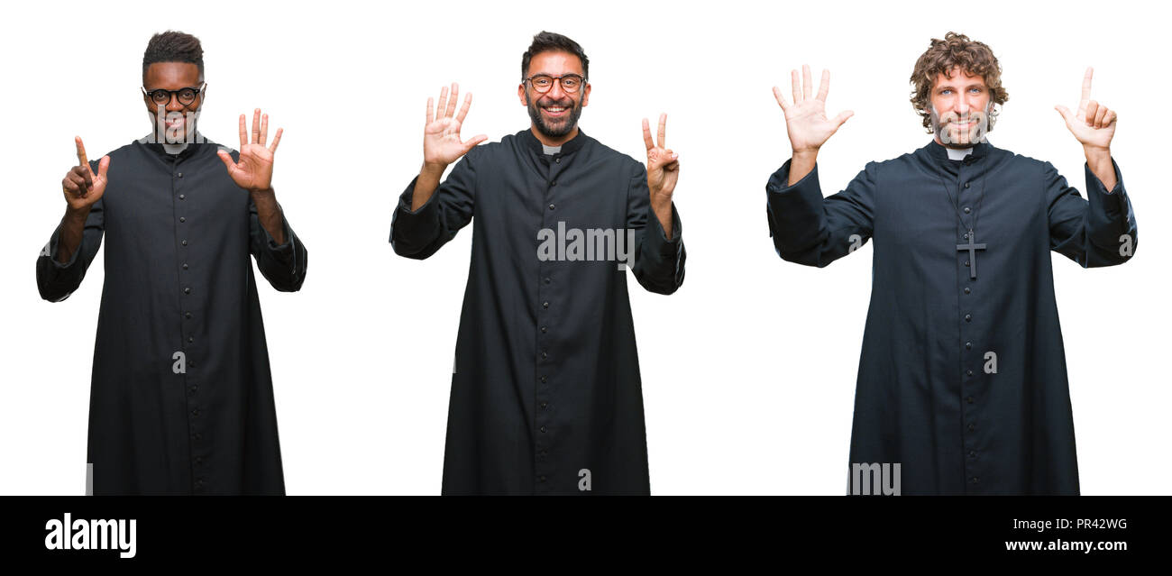 Collage of christian priest men over isolated background showing and ...