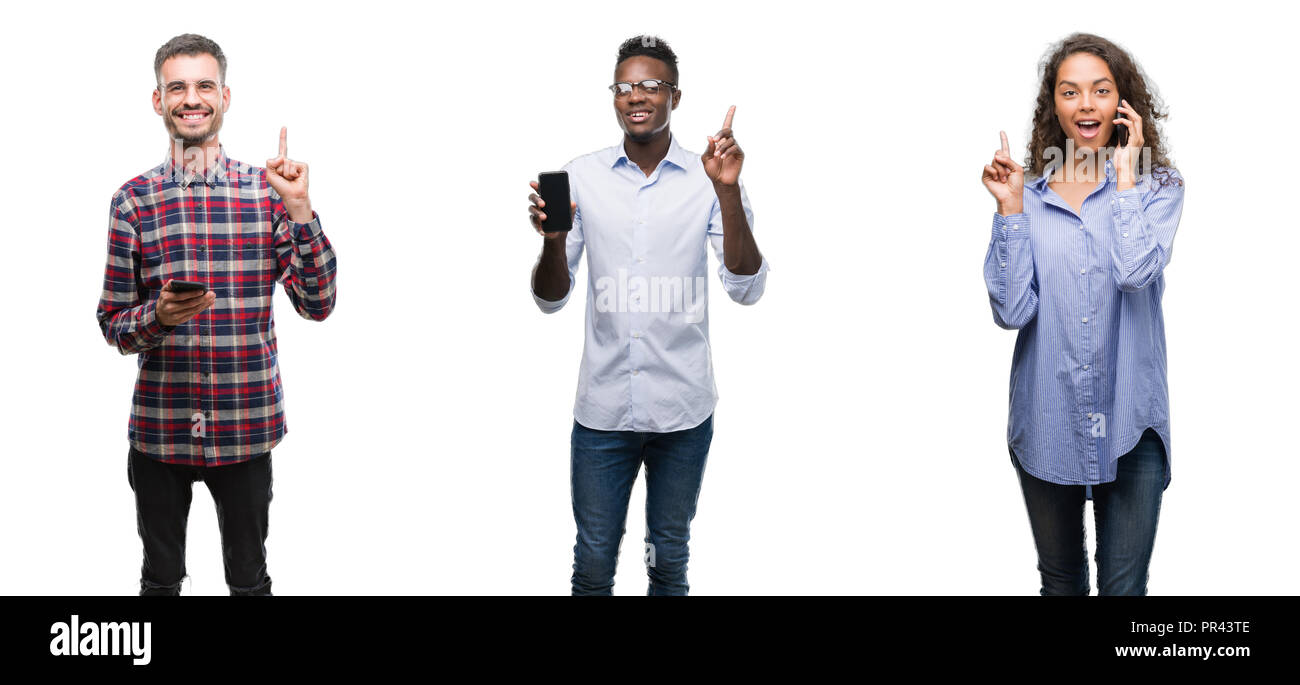 Collage of young people talking and texting using smartphone over ...