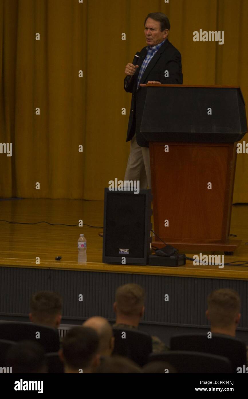 Phil Downer speaks to Marines and sailors Sept. 6, 2018, during a ...