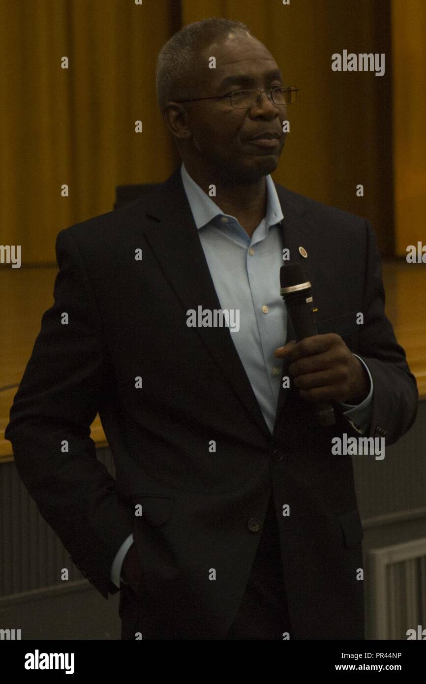 Retired Lt. Gen. Ronald Bailey Jr. stands before an audience of Marines ...