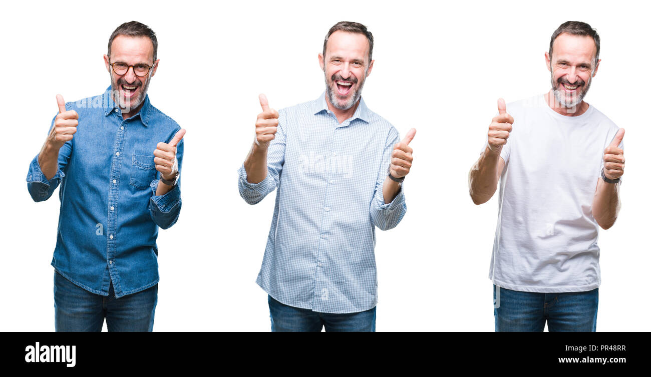 Collage of handsome senior hoary man standing over isolated background ...