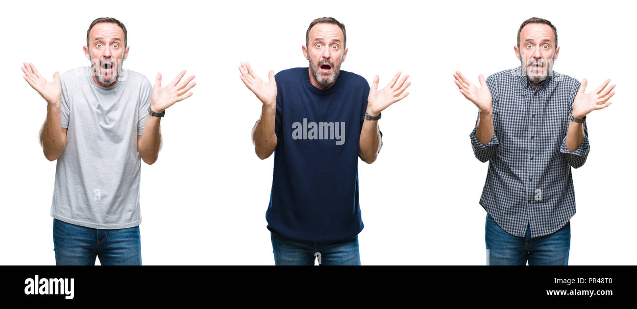 Collage of handsome senior hoary man standing over isolated background ...