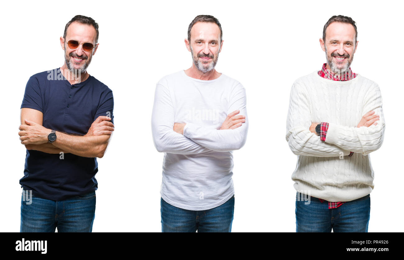 Collage of handsome senior hoary man standing over isolated background ...