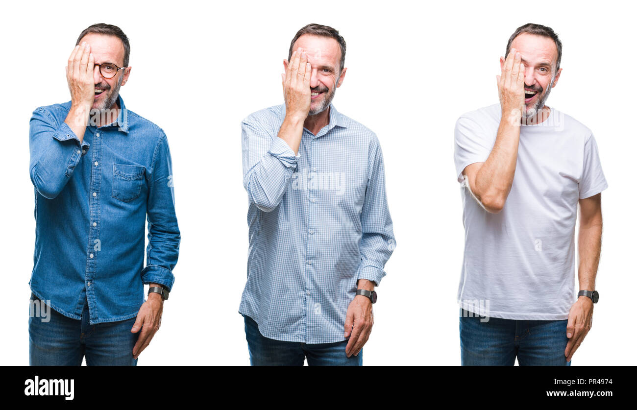 Collage of handsome senior hoary man standing over isolated background ...