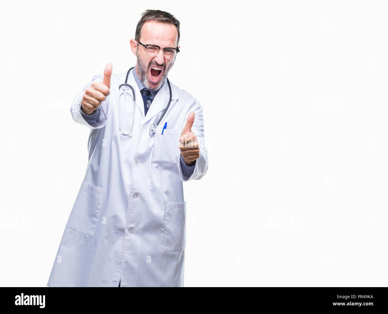 Middle age senior hoary doctor man wearing medical uniform isolated ...