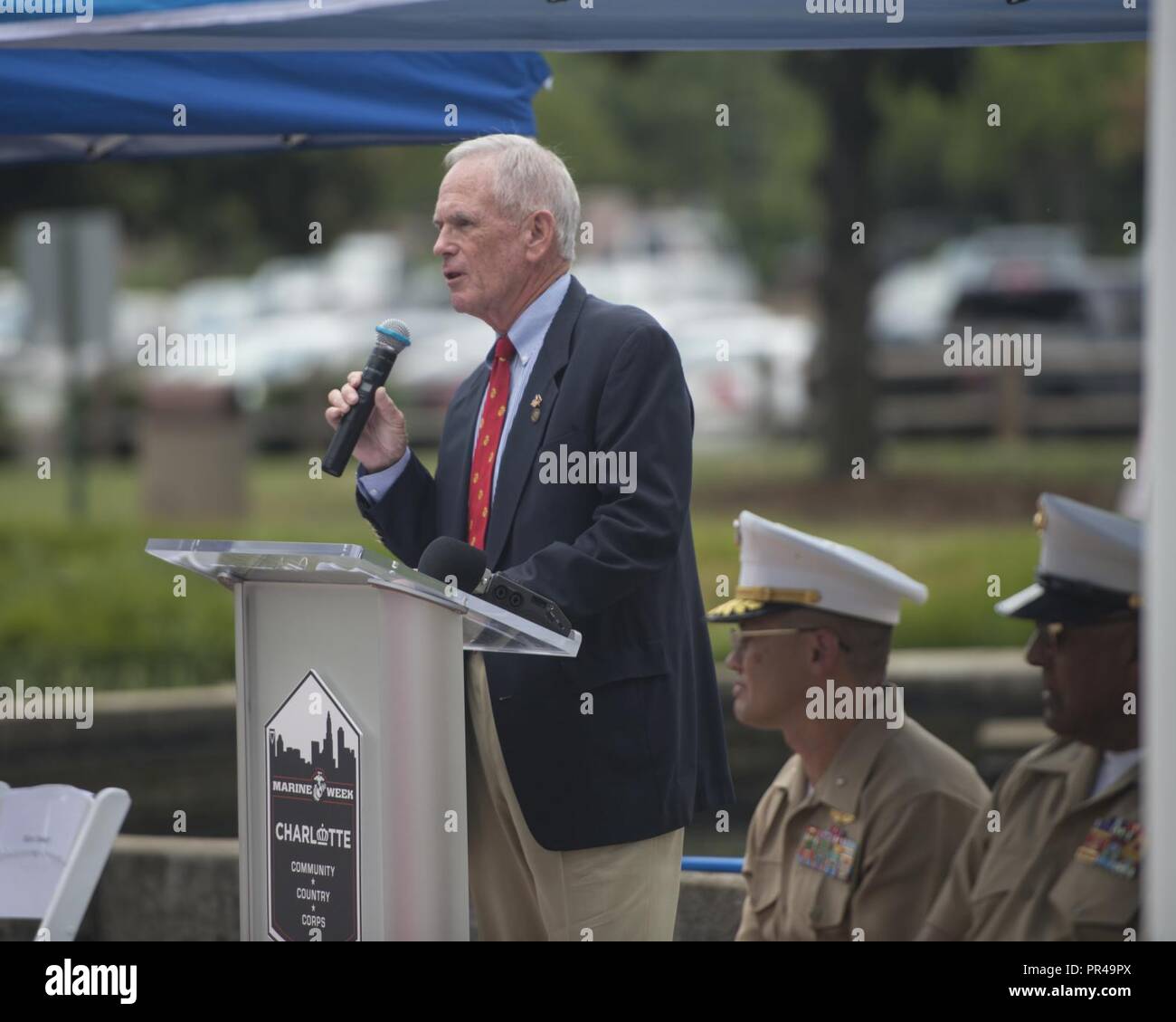 Retired Marine Corps Maj. Gen. David Richwine gives a speech during a ...