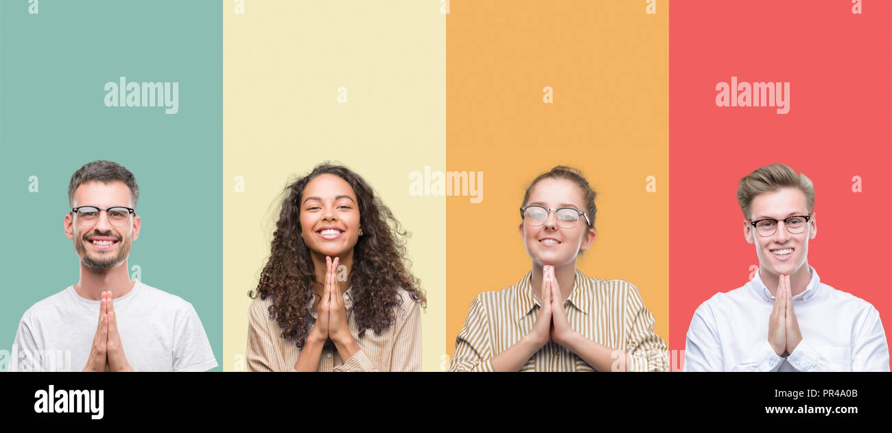 Collage of a group of people isolated over colorful background praying ...