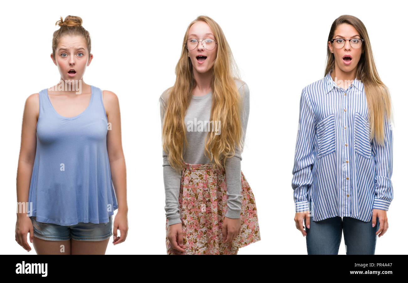 Collage of group of blonde women over isolated background afraid and ...