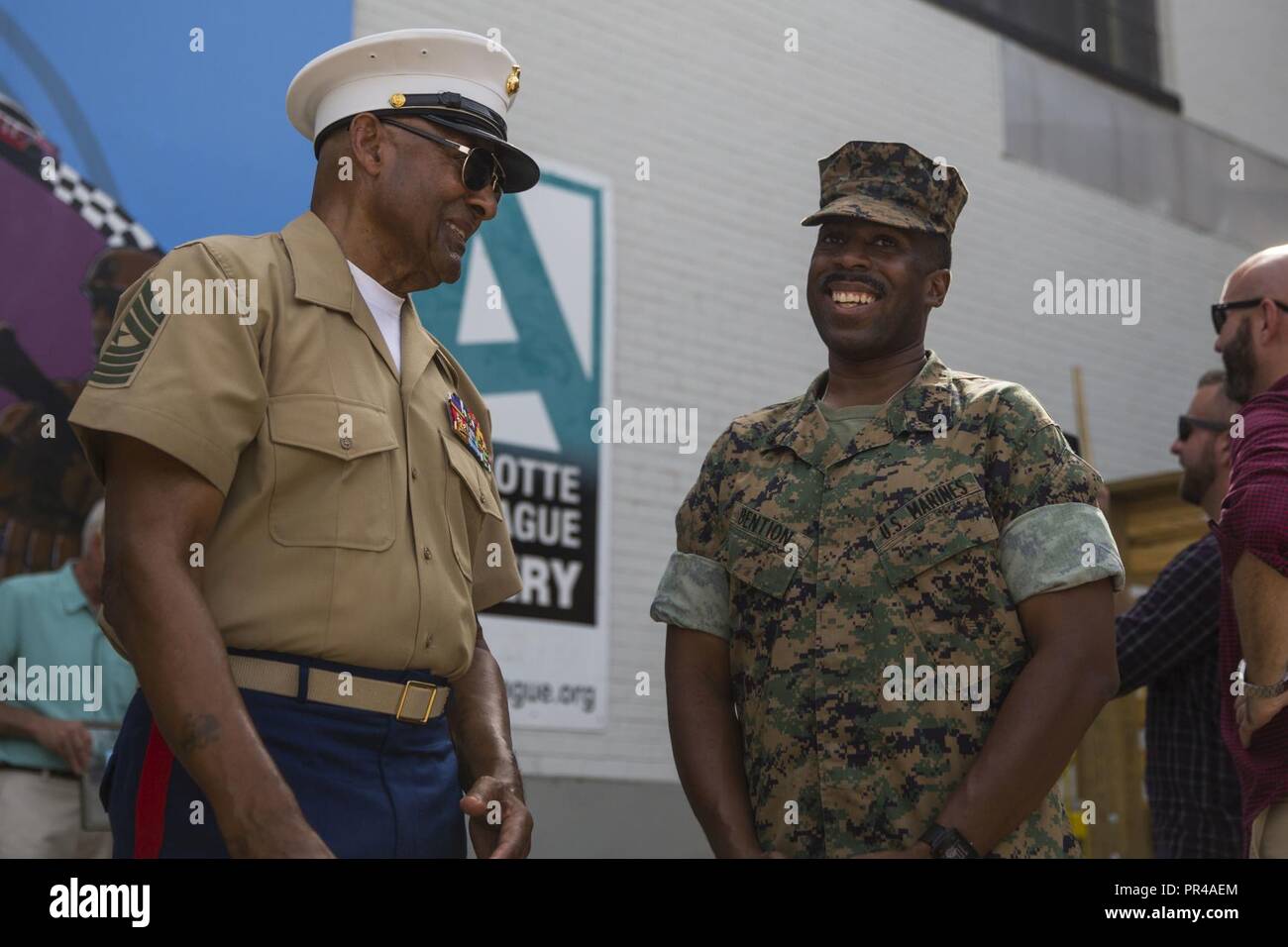 Vietnam veteran Sgt. Maj. John Canley jokes with U.S. Marine Corps ...