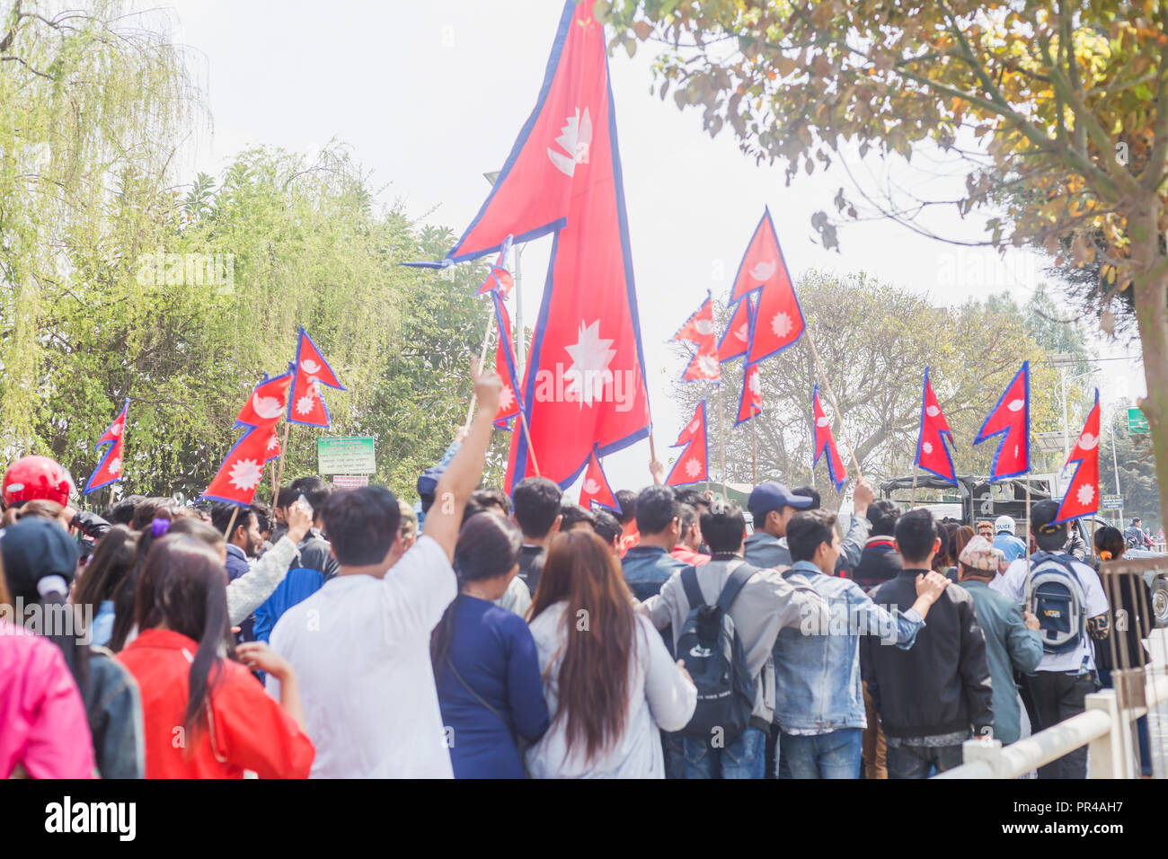 kathmandu,Nepal - Mar 10,2018: People at rally with Nepalese flags in ...