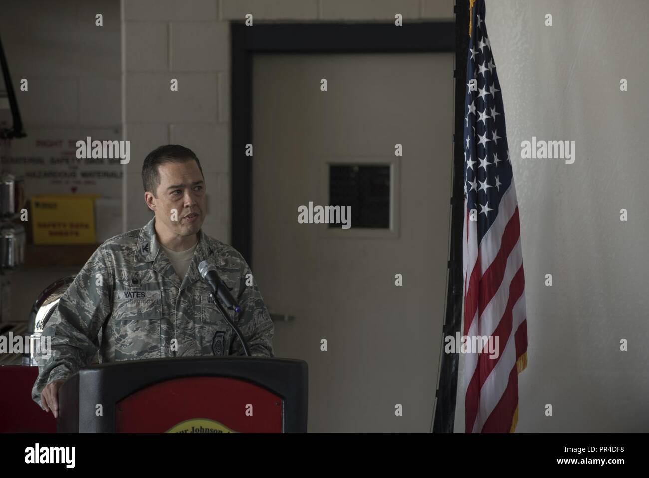 U.S. Air Force Col. Donn Yates, 4th Fighter Wing commander, speaks to ...