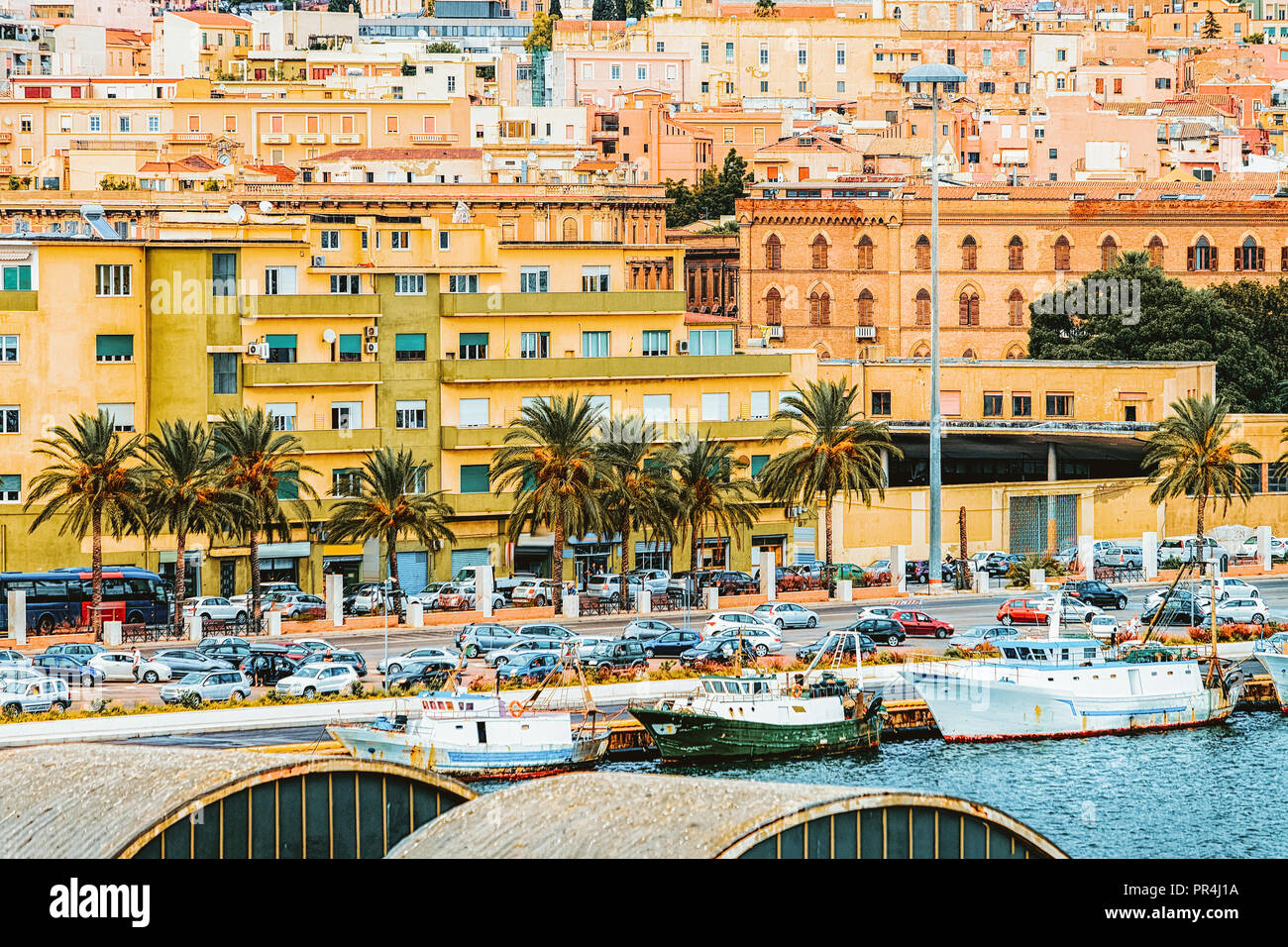 Cagliary cityscape with architecture and Mediterranean Sea on Sardinia ...