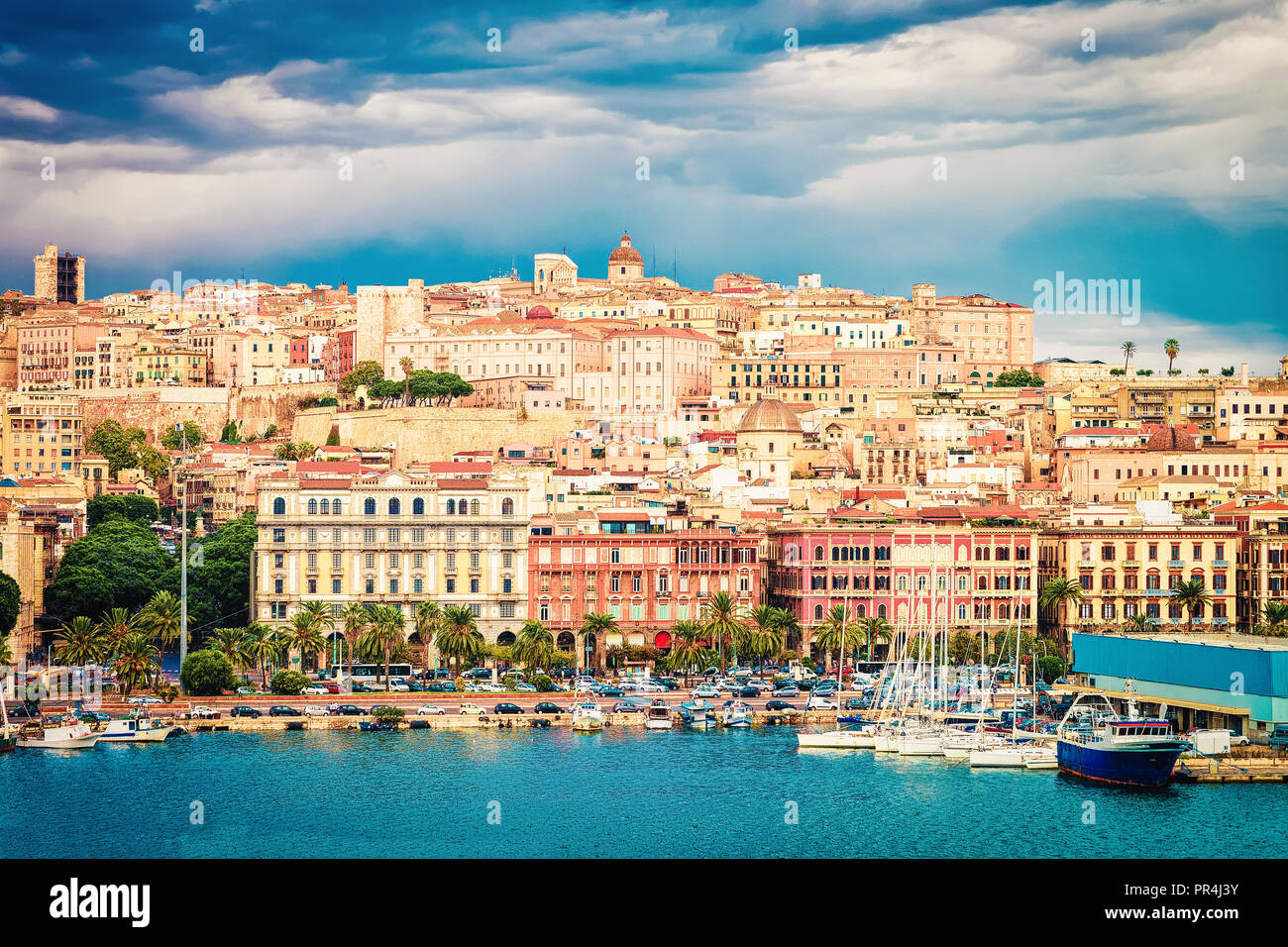 Cagliary cityscape with architecture and Mediterranean Sea in Sardinia ...
