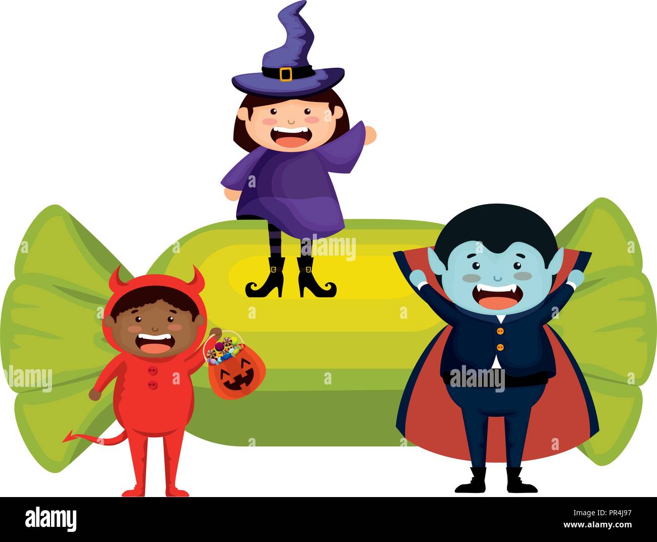 children in disguise with candy halloween celebration vector ...