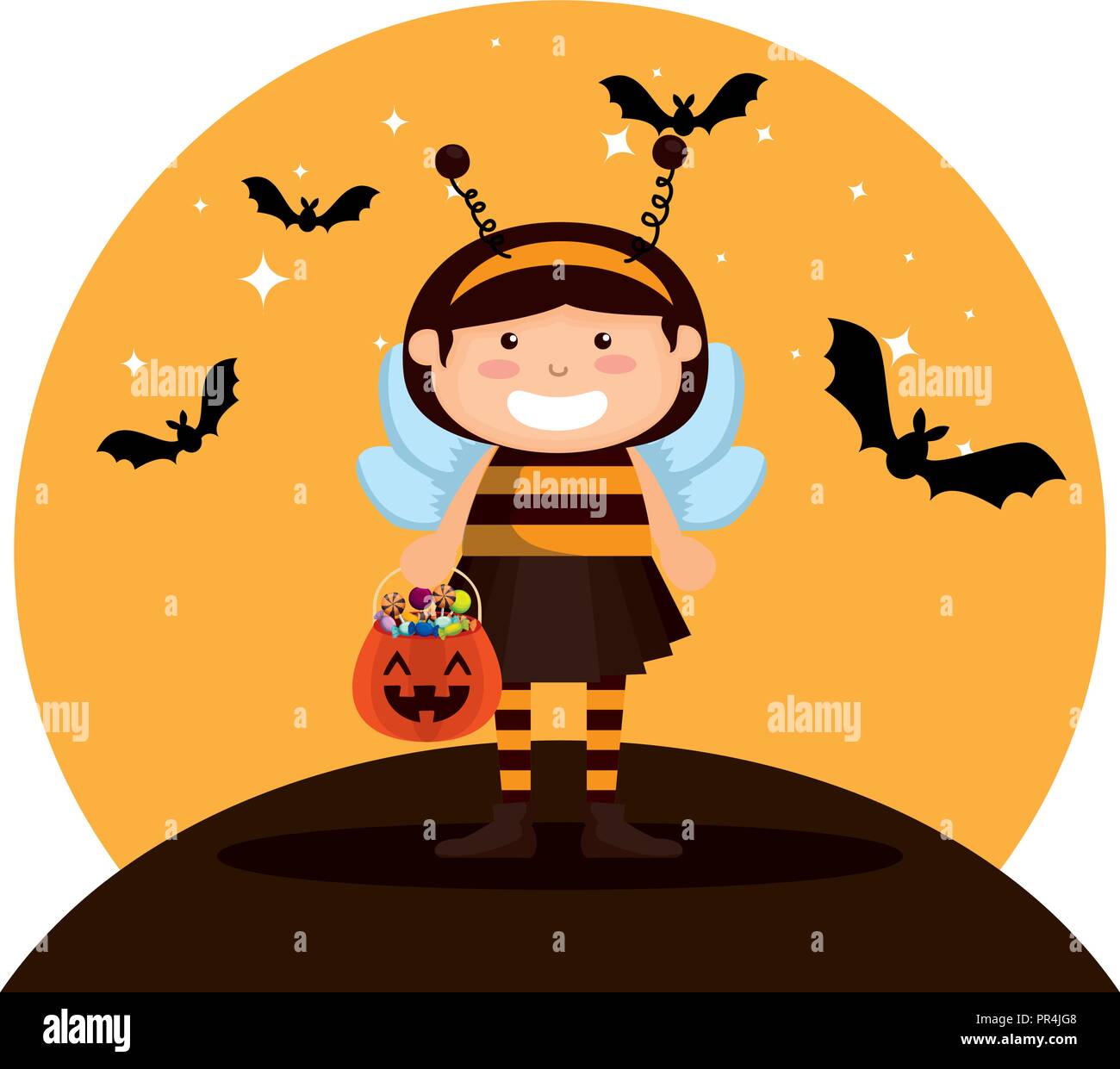 girl dressed up as a halloween bee with bats flying vector illustration ...