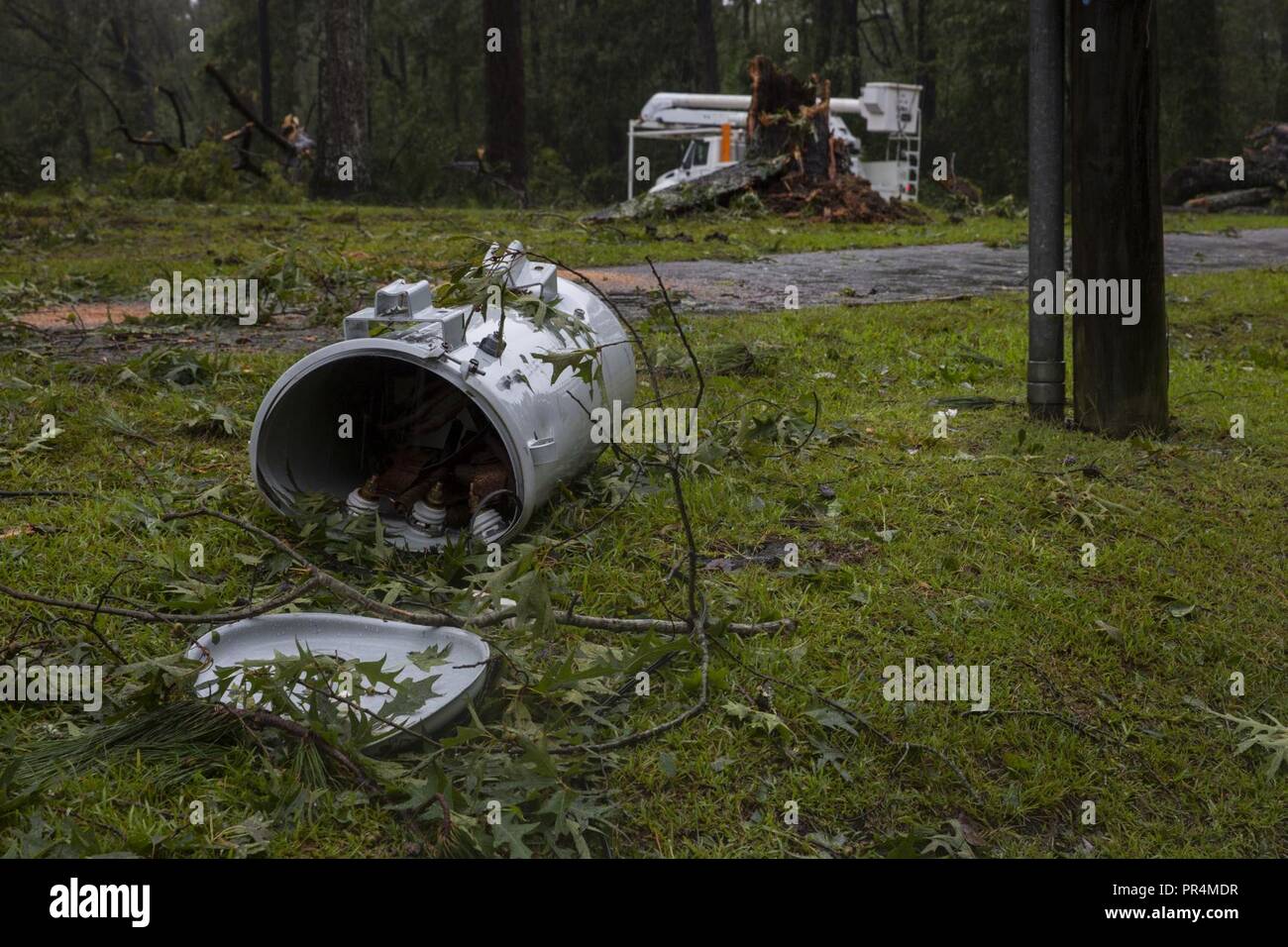 Utility poles collapse during Hurricane Florence, on Marine Corps Base ...