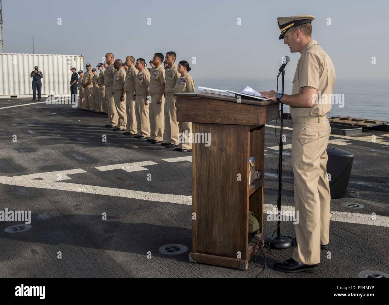 GULF OF ADEN (Sept. 14, 2018) Cmdr. Robert Tryon, commanding officer of ...