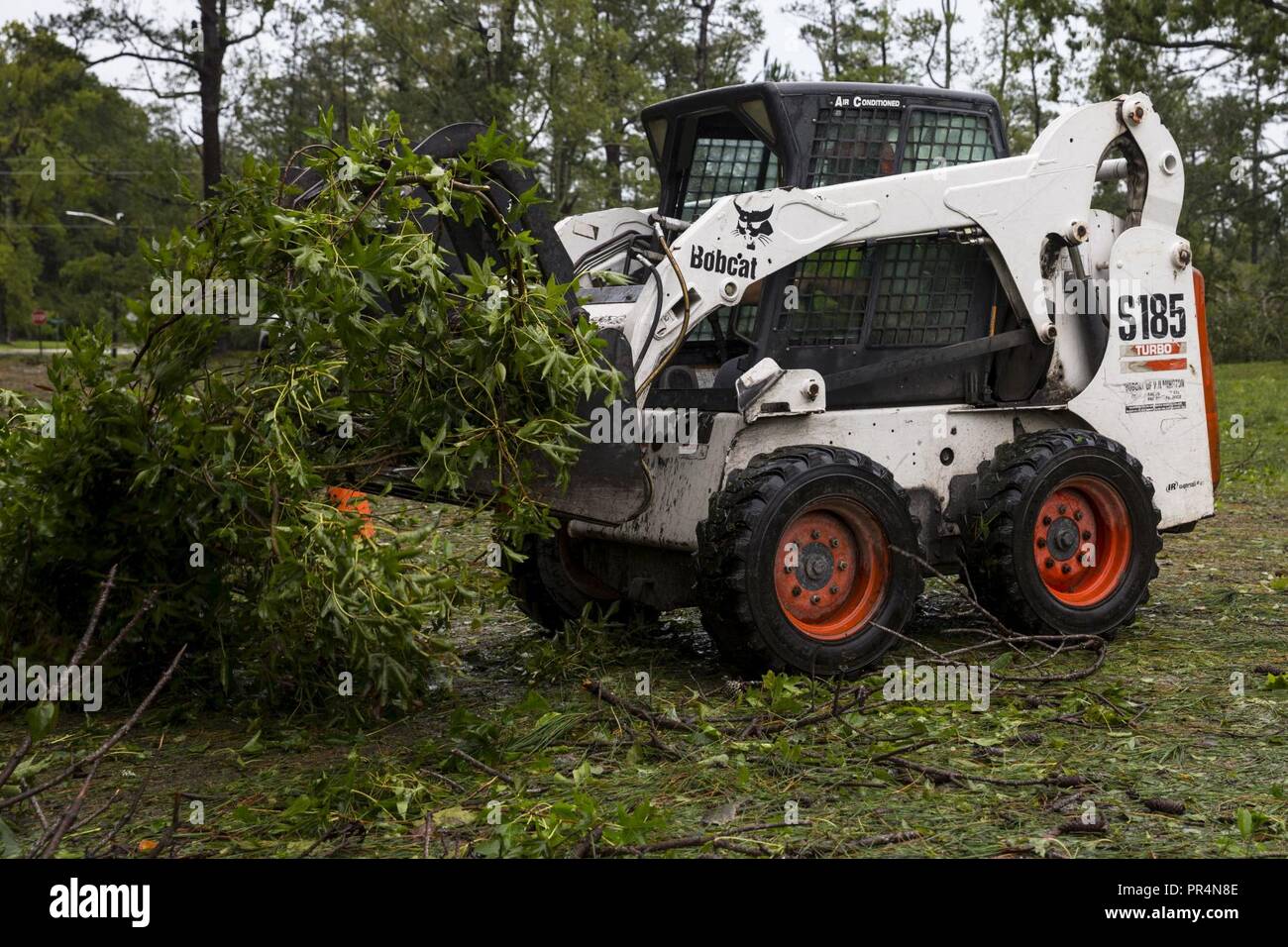 A utility worker with Sutton Tree Service drives a bulldozer to clear a ...