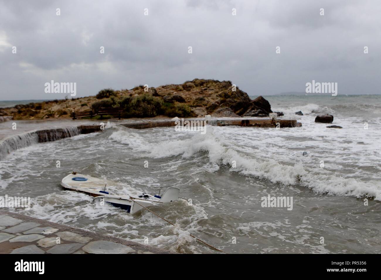 Athens, Greece. 29th Sep, 2018. Strong waves and heavy winds have been ...