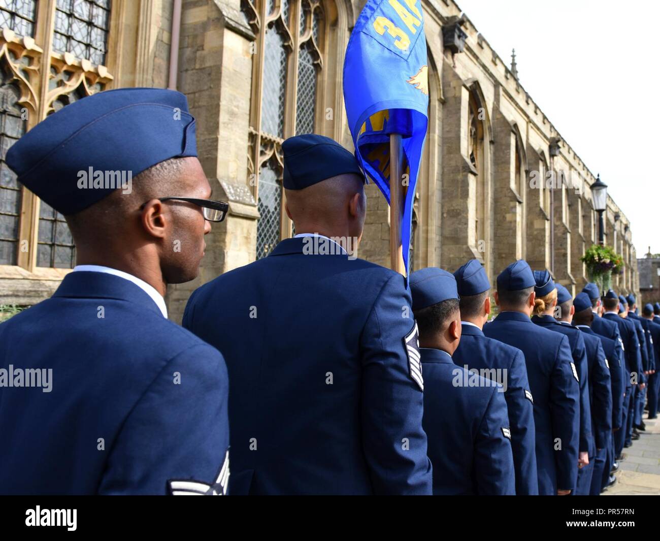 U.S. Air Force Airmen, assigned to Royal Air Force Mildenhall, stand ...