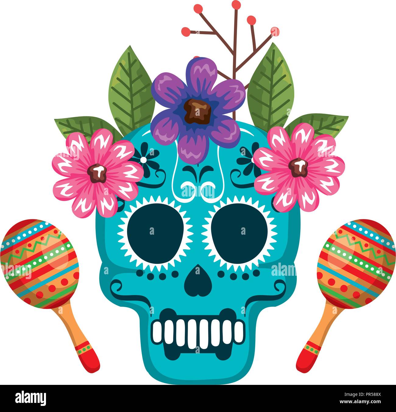 mask of the santa death with flowers and maracas vector illustration ...