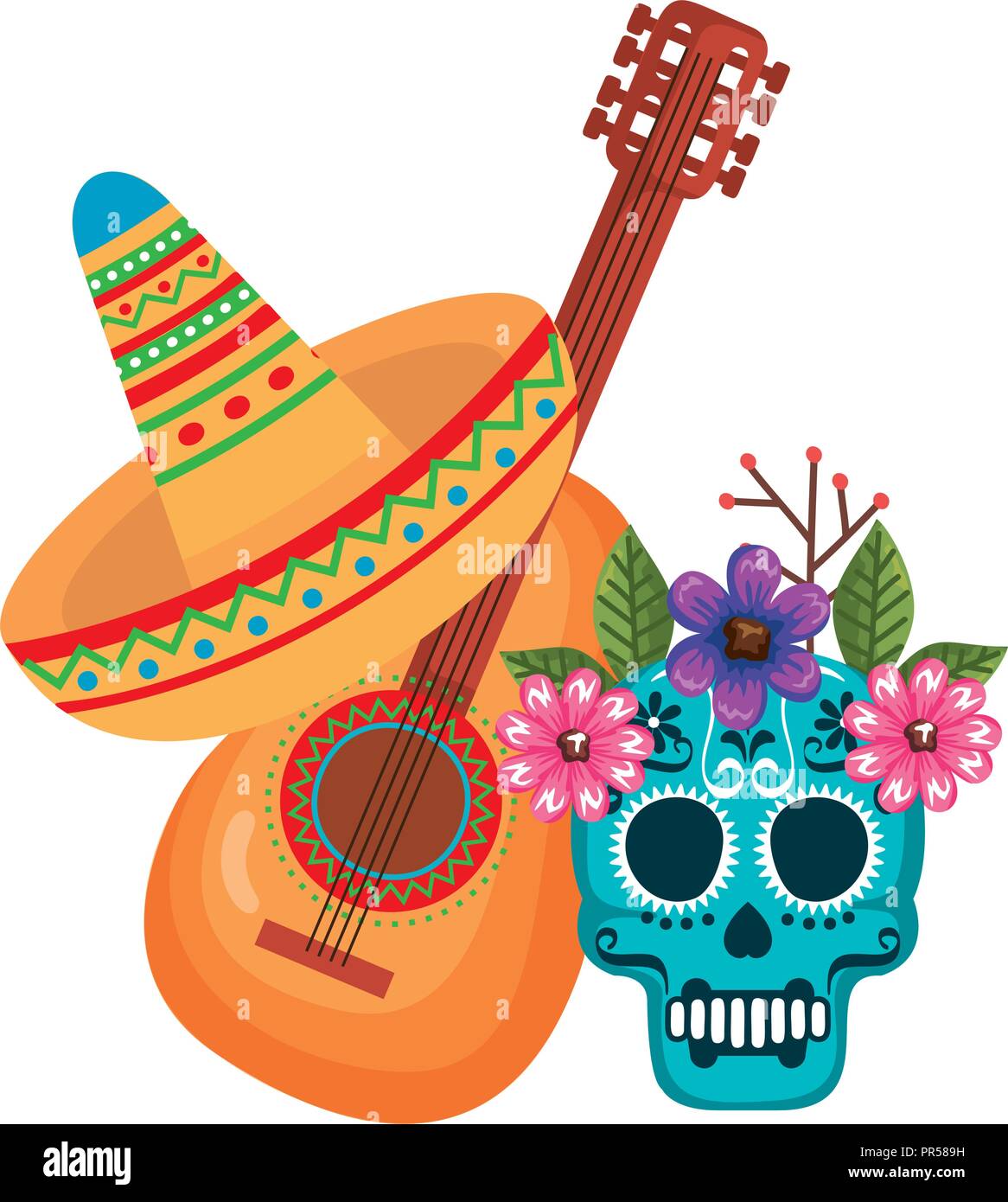 mask of the santa death with flowers and guitar vector illustration ...
