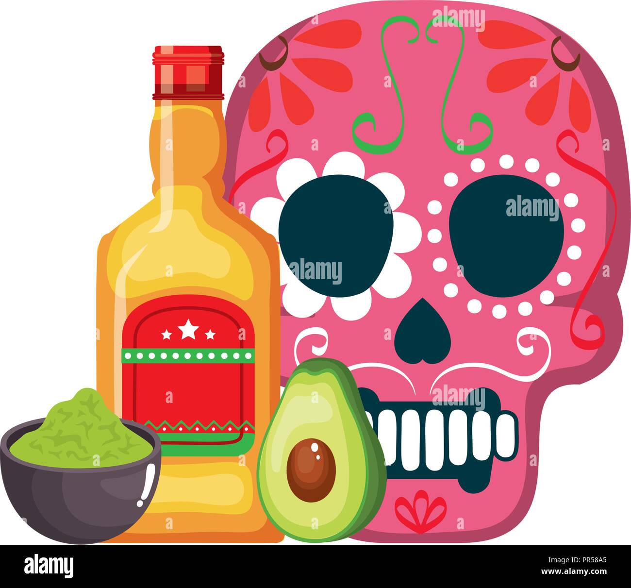 mask of the santa death with flowers and tequila vector illustration ...