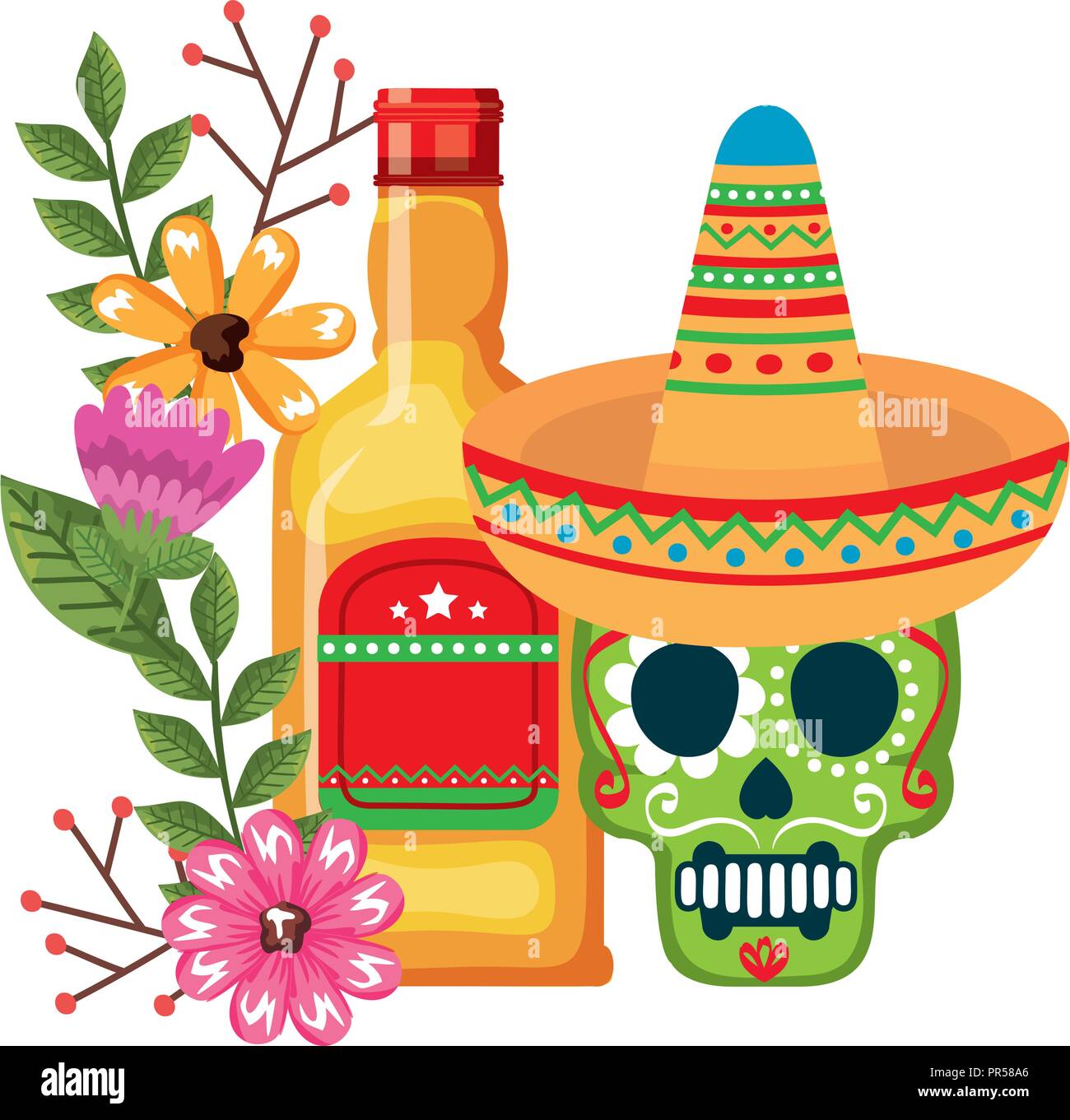 mask of the santa death with flowers and tequila vector illustration ...