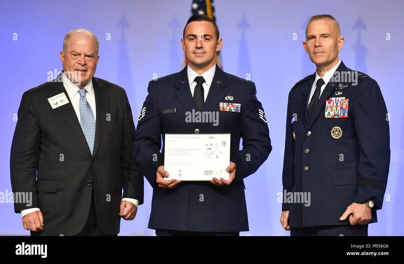 Staff Sgt. Tanner Apple recieves the Thomas Barnes Award during the AFA ...