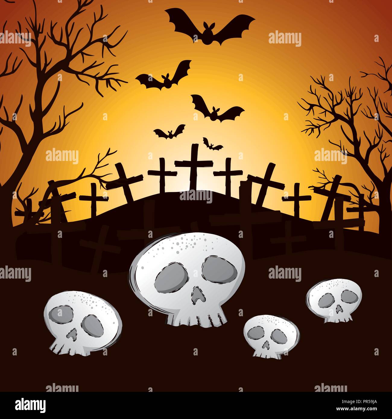 halloween night cemetery with skulls scene vector illustration design ...
