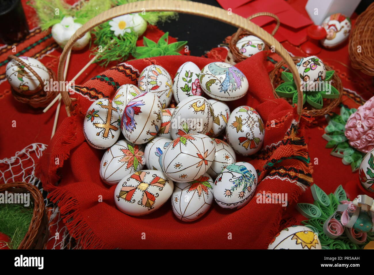 The Easter eggs painted in traditional Bulgarian style on the handmade ...