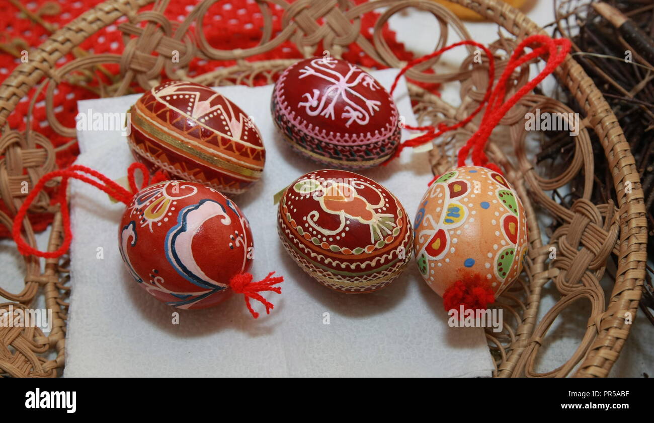 The Easter eggs painted in traditional Bulgarian style on the handmade ...