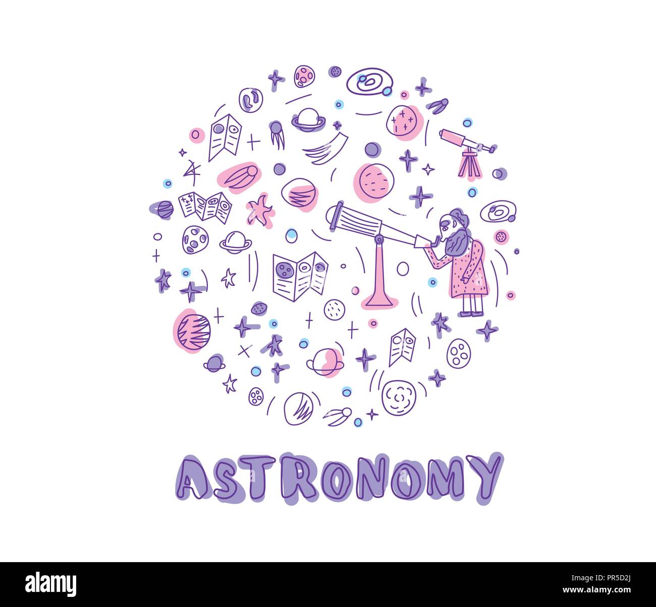 Vector design of astronomer and astronomic objects. Round handdrawn ...