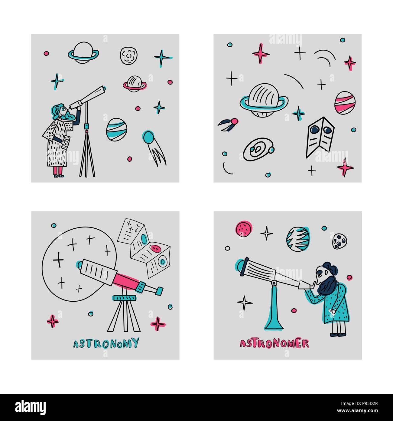 Set of square cards. Vector design of astronomer and astronomic objects ...