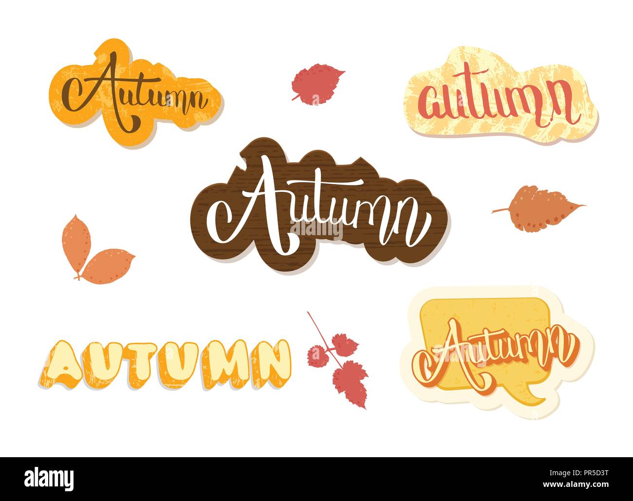 Set of Autumn words textured stickers. Handwritten lettering with ...