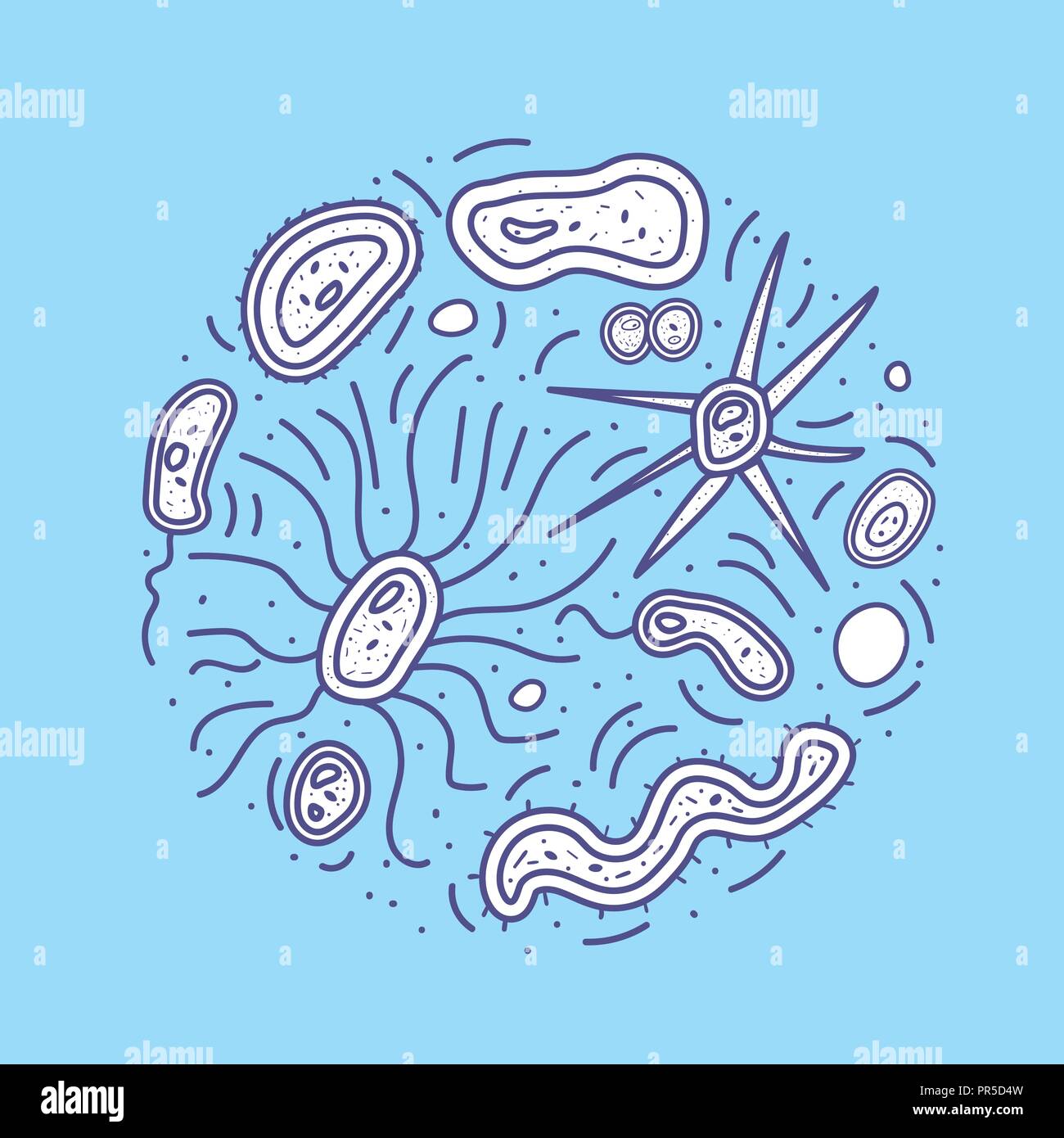 Bacteria cells round banner. Microorganism collection isolated on blue ...