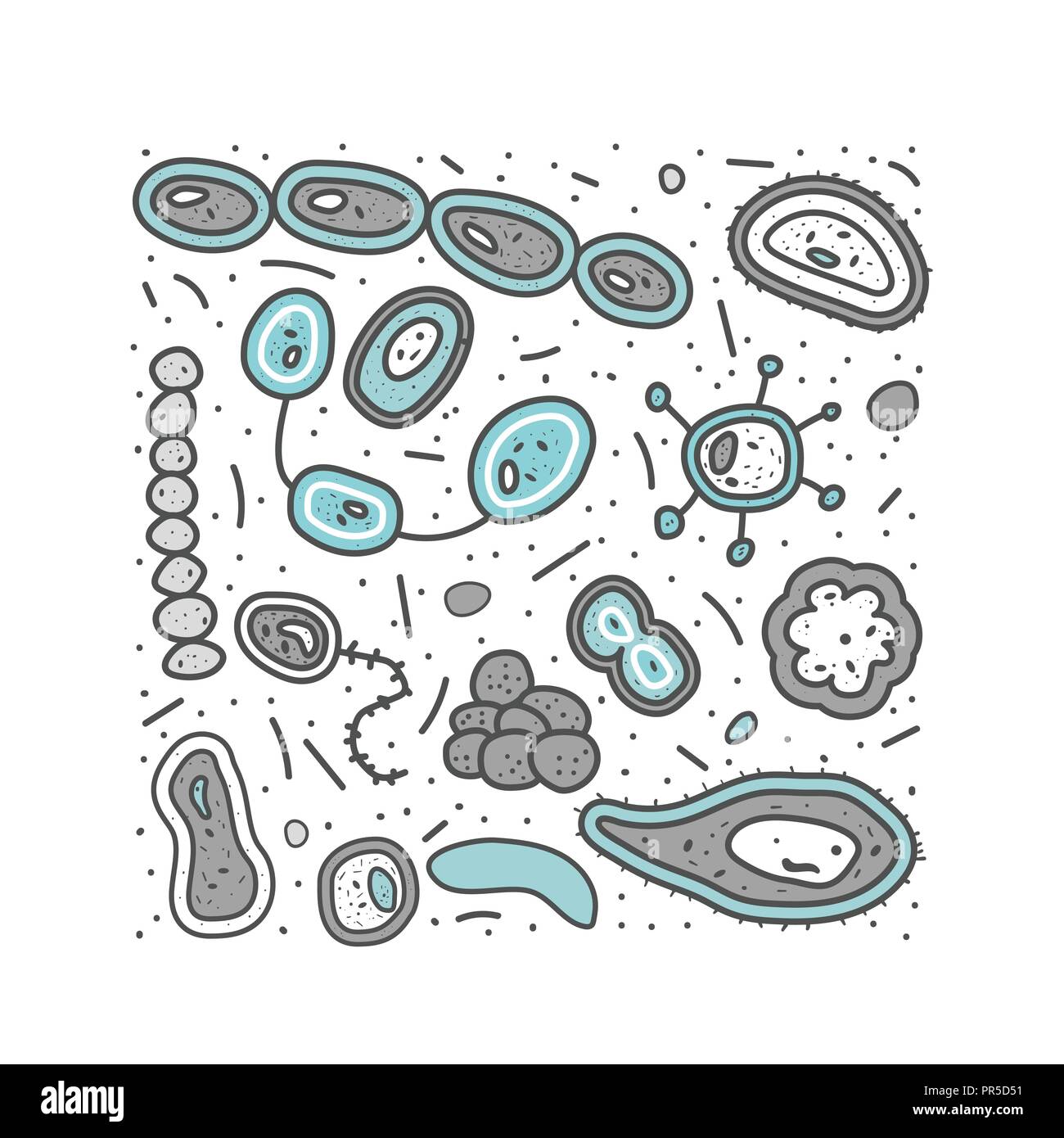 Bacteria cells. Set of Microorganism collection. Vector doodle style ...