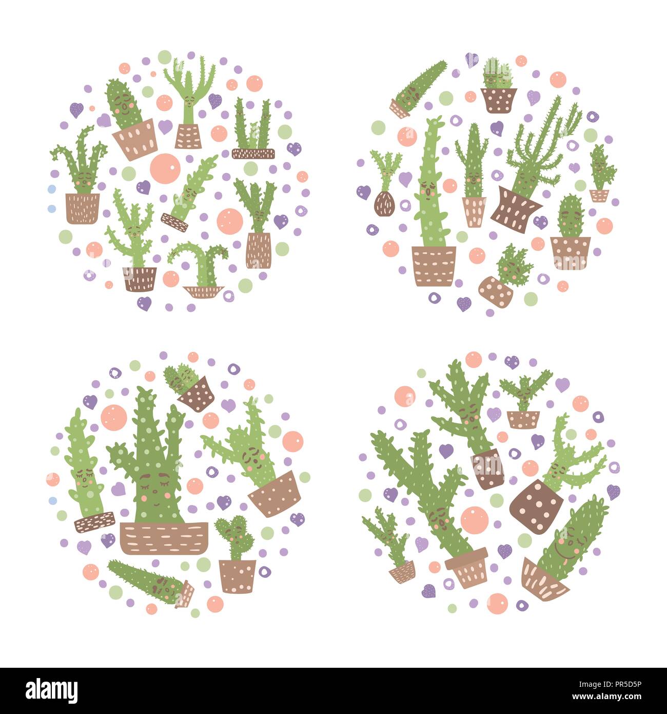 Vector cute cactus design set. Hand drawn style houseplant round ...