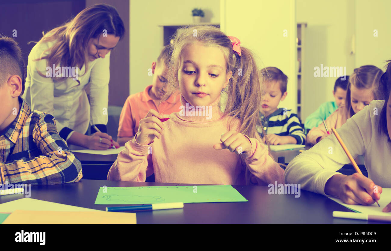 happy european children of elementary age having class of art Stock ...