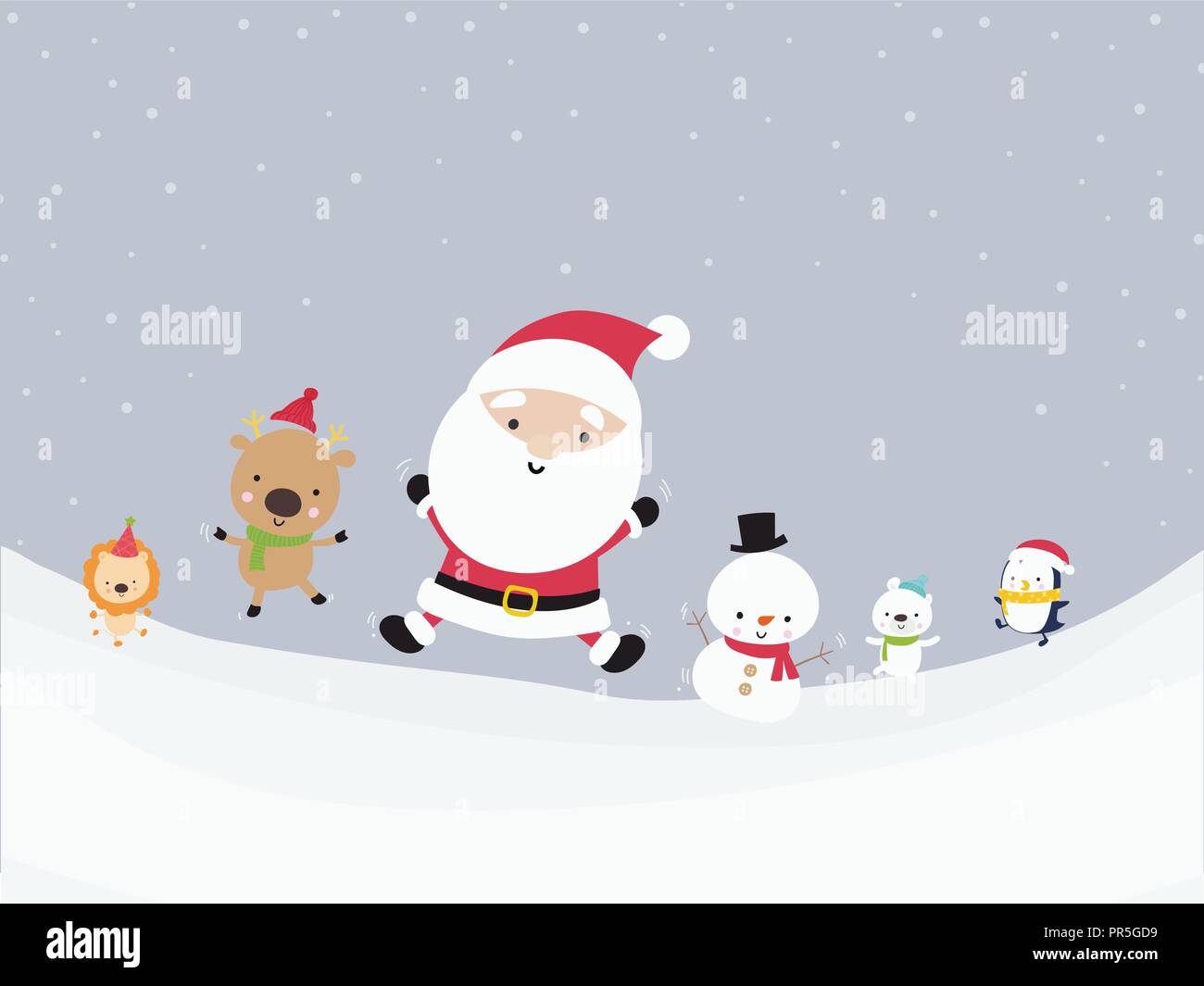 Cute Santa snowman with animal cartoon jumping with happiness over snow ...