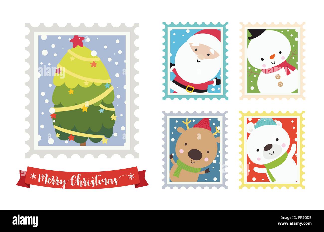 Christmas santa snowman bear and reindeer cartoon stamp frame on white ...