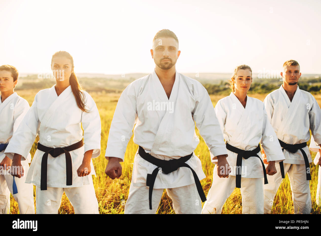 Karate group in white kimono, workout in summer field. Martial art ...