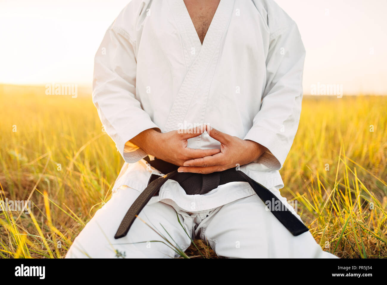 Male karate fighter sitting on the ground in summer field. Martial art ...