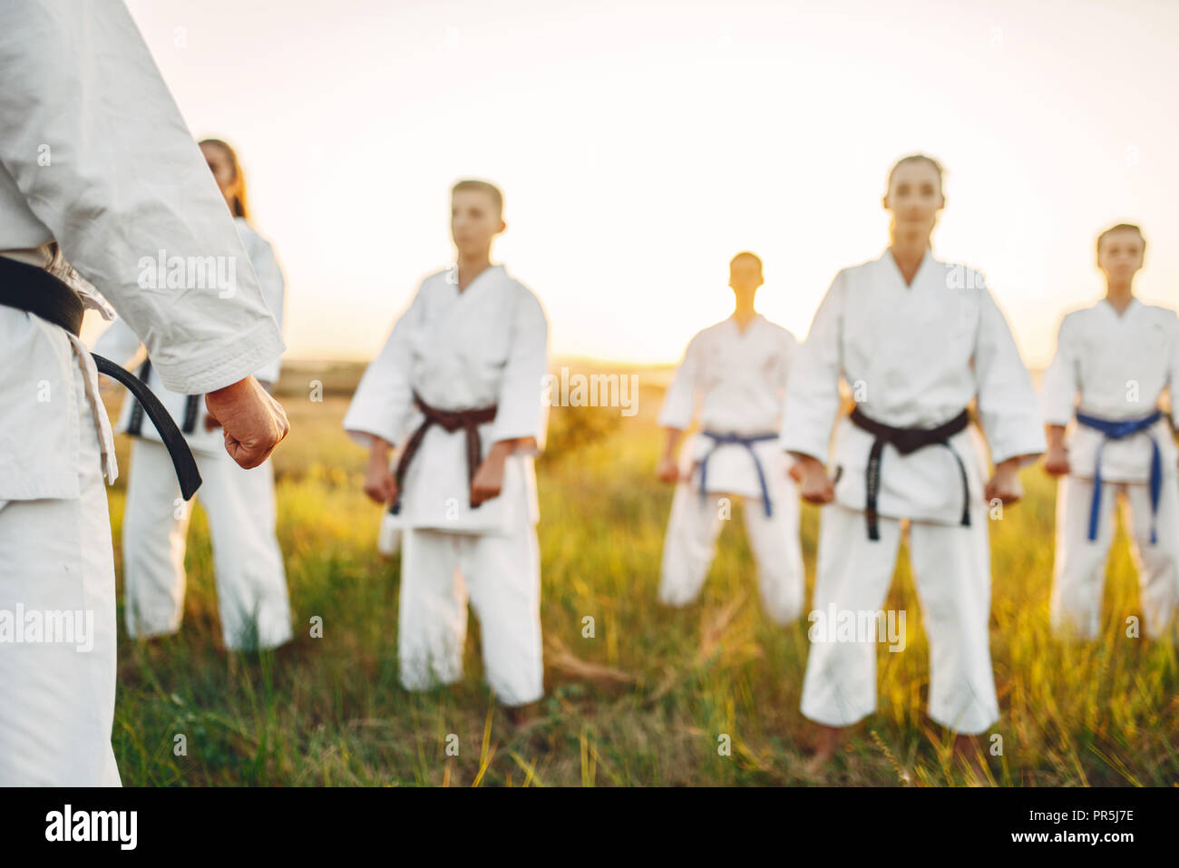 Karate fighting team in white kimono on training with master in summer ...