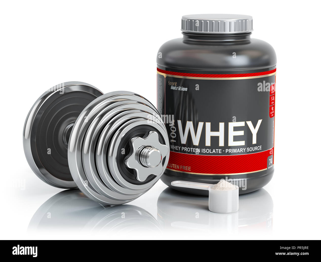 Whey protein powder with scoop and dumbbell.Bodybuilder nutrition ...