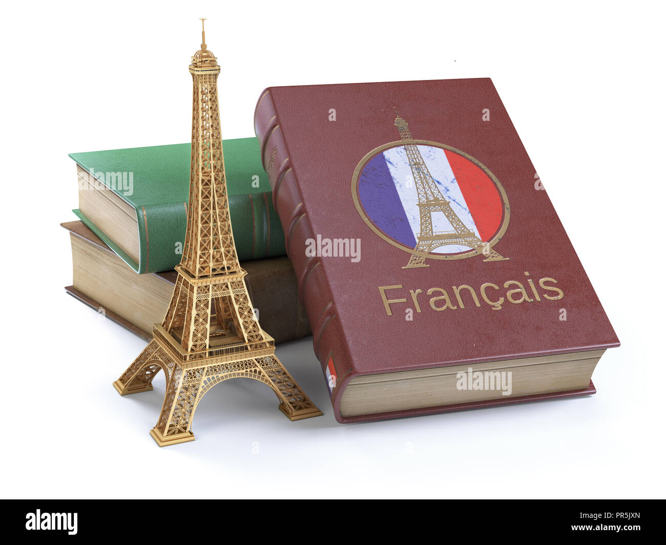 Learn and studying French concept. Book with French flag and Eiffel ...