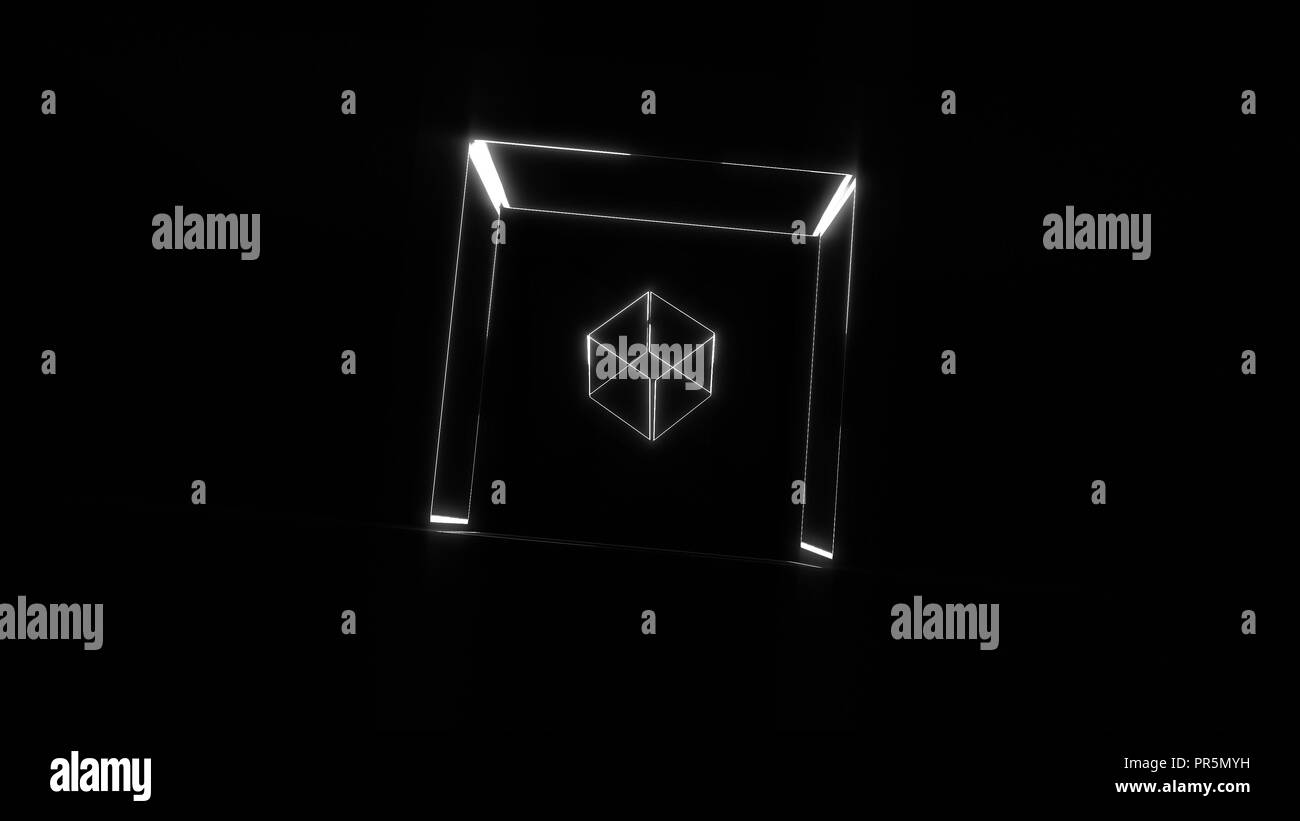 Many transparent neon cubes rotating in space, 3d render background ...