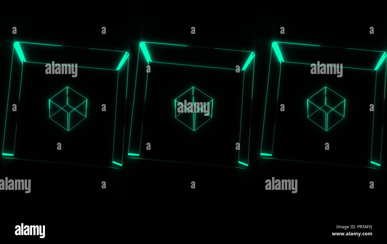 Many transparent neon cubes rotating in space, 3d render background ...