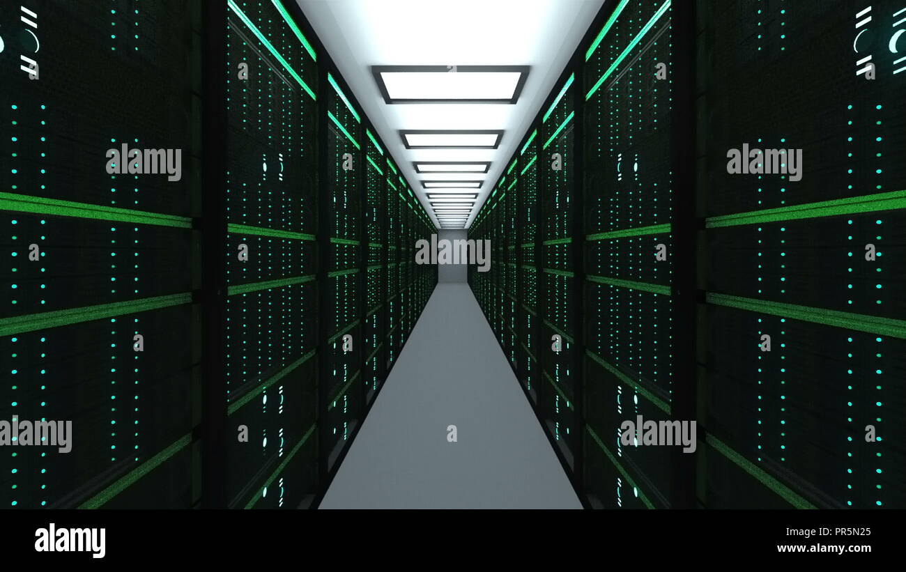 Modern server room interior in datacenter, web network and internet ...
